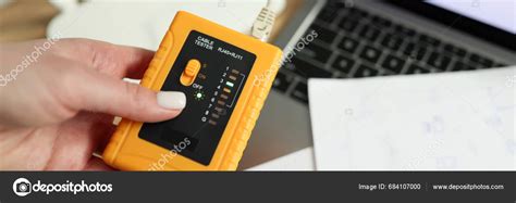 Woman Holds Lan Speed Tester Router Laptop User Checks Internet Stock