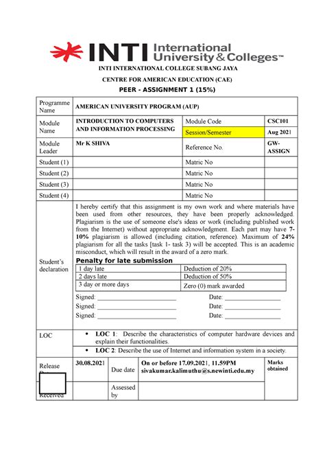 CSC101 Peer Assignment 1 CSC101 Peer Assignment 1 INTI INTERNATIONAL