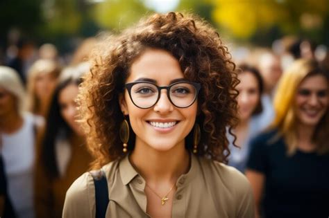 Premium Photo Woman With Glasses Smiling For The Camera With Crowd Of