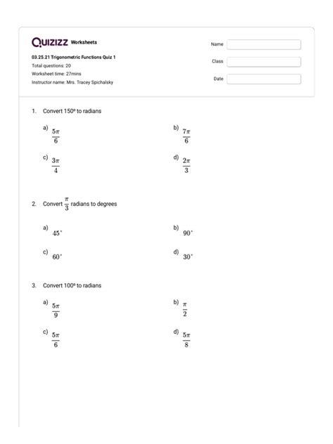 Quizizz 032521 Trigonometric Functions Quiz 1 Pdf Trigonometric