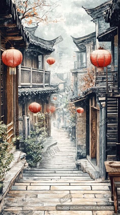 Ai创作图古街插画 古街古城插画 唯美古镇风光 古城复古街景 古镇插画 写实古镇插画 磁器口插画 古风装饰画艺术城市 乌镇插画乌镇红色 西塘