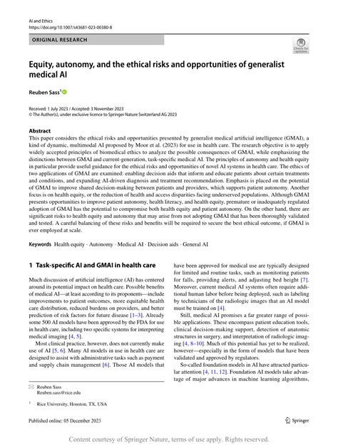 Equity Autonomy And The Ethical Risks And Opportunities Of Generalist Medical Ai
