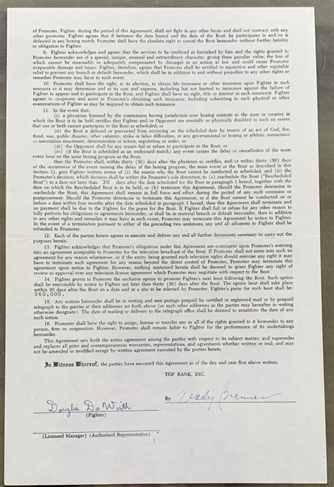 Dewitt Doug Signed Bout Agreement Hearns Fight 1986 Jo Sports Inc