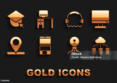 랩톱 컴퓨터 모니터 화면 클라우드 온라인 라이브러리 웹 카메라 위치 헤드폰 졸업 캡 글로브 및 책상 아이콘을 설정합니다 벡터 렌즈 광학 기기에 대한 스톡 벡터 아트 및 기타