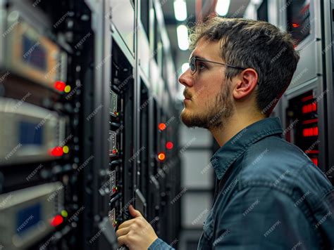 Young Technician Working Intently On Server Equipment In Data Center