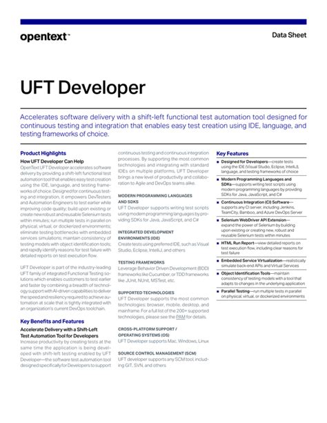 uft developer data sheet