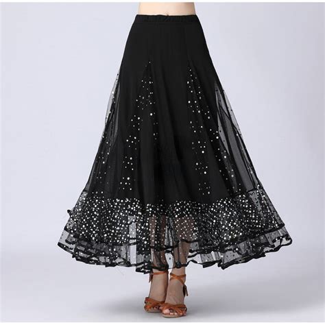 Women Sequins Mesh Dance Skirt Ruffle Dancewear For Ballroom Tango
