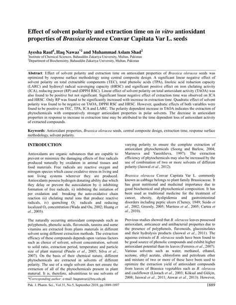 Pdf Effect Of Solvent Polarity And Extraction Time On In Vitro Antioxidant Properties Of