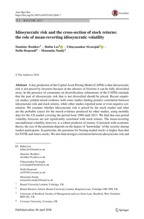 Pdf Idiosyncratic Risk And The Cross Section Of Stock Returns The Role Of Mean Reverting