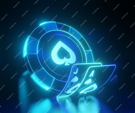 블랙잭 포커 카지노 카드와 검은색 배경 3d 그림에 빛나는 네온 불빛이 있는 칩 프리미엄 사진