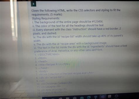 Solved 8 Given The Following Html Write The Css Selectors