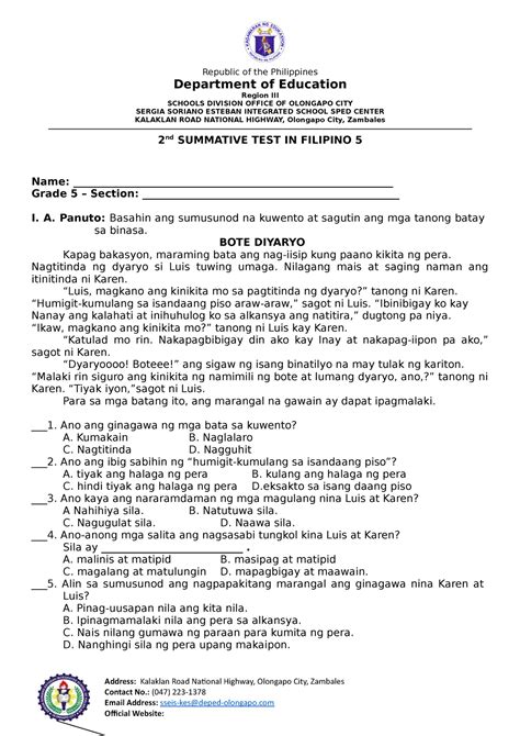Summative Test Filipino Rd Quarter Summative Test Pangalan Baitang