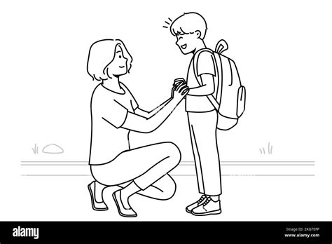 Smiling Mother Seeing Small Teen Son With Backpack To School Happy Caring Mom Get Off Excited