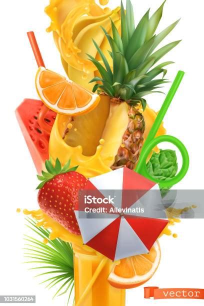 주스와 달콤한 열 대 과일의 스플래시 여름 칵테일 3d 벡터 폭발에 대한 스톡 벡터 아트 및 기타 이미지 폭발 딸기 물이 튀는 Istock