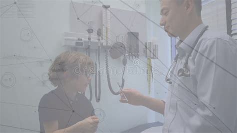 Animation Of Dots Connecting With Lines Over Asian Doctor Showing