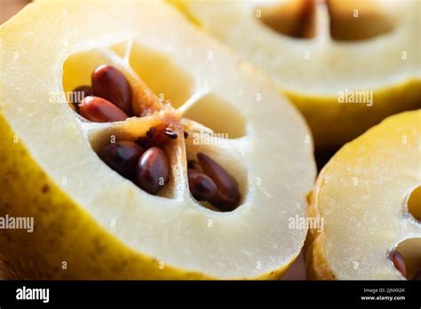 Close Up Of Japanese Quince Cross Sectioned Fruit With Seeds In A Seed