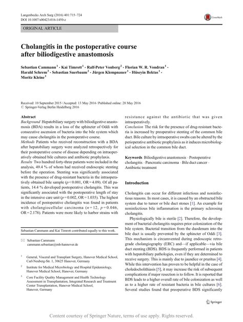 Cholangitis In The Postoperative Course After Biliodigestive Anastomosis Request Pdf