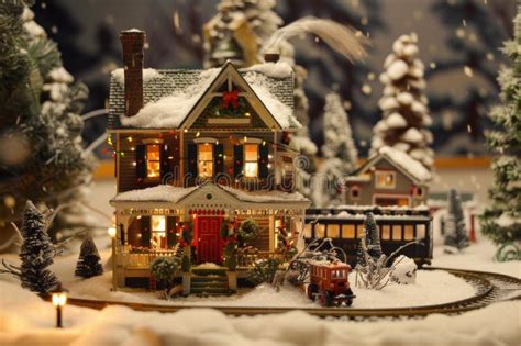 Miniature Victorian House Covered In Snow With Christmas Lights Glowing
