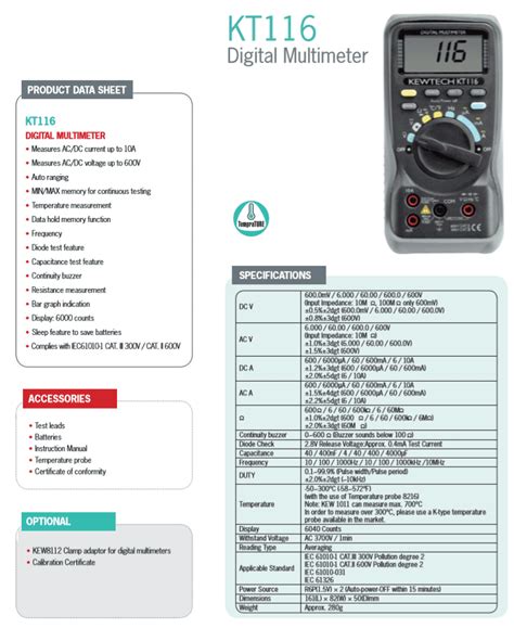 kewtech kt116 digital ac dc 10a 600v multimeter with temperature