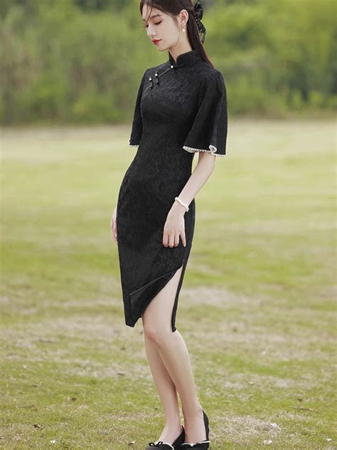 Black Floral Lace Flutter Sleeve Midi Qipao Cheongsam Dress Imallure