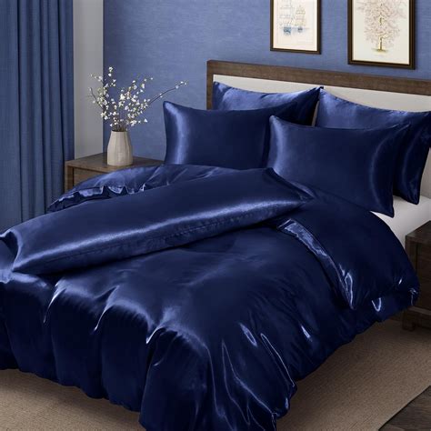 Milvowoc 6 Pcs Navy Blue Satin Duvet Cover Full Queen Size Set Silky