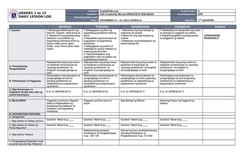 Dll Epp 5 Q3 W6 None Grades 1 To 12 Daily Lesson Log School Depedclub Grade Level V