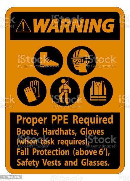 Ppe 기호로 가을 보호가 필요한 경우 경고 표지판 적절한 Ppe 필요한 부츠 하드햇 장갑 개인 장식품에 대한 스톡 벡터 아트