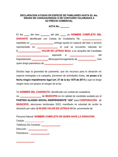 4 Modelo Acta De Donacion En Especie Provenientes De Familiares Version