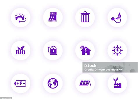 보라색 그림자가있는 밝은 둥근 버튼에 생태 보라색 색상 벡터 아이콘 웹 모바일 앱 Ui 디자인 및 인쇄를 위한 생태 아이콘 세트 구조에 대한 스톡 벡터 아트 및 기타 이미지
