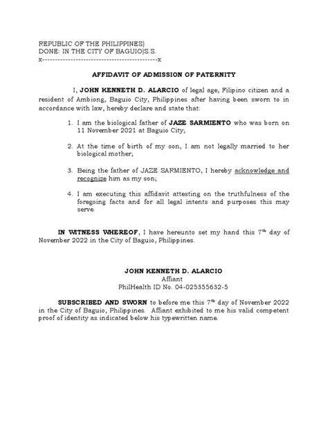 Affidavit Of Admission Of Paternity Pdf