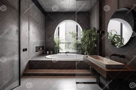 Interior Of Modern Bathroom With Concrete Walls Concrete Floor