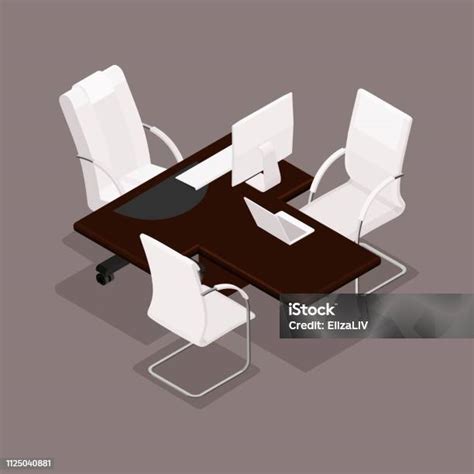어두운 배경에 고립 된 아이소메트릭 3d 현대적인 스타일 사무용 가구 컴퓨터 장비 기술 모니터 키보드 고급 가구 0명에 대한 스톡 벡터 아트 및 기타 이미지 Istock