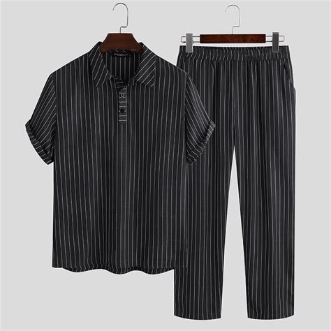 Zomer Mannen Sets Gestreepte Korte Mouwen Revers C Vicedeal