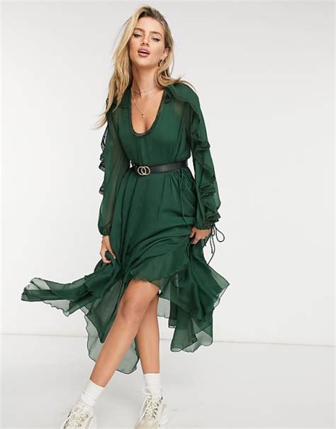 Asos Design Drapiertes Midikleid Mit Raffung Spitzeneinsatz Und
