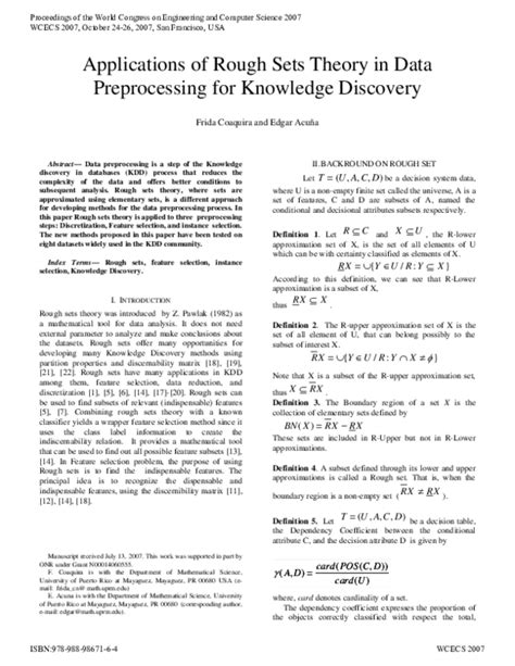 Pdf Applications Of Rough Sets Theory In Data Preprocessing For Knowledge Discovery