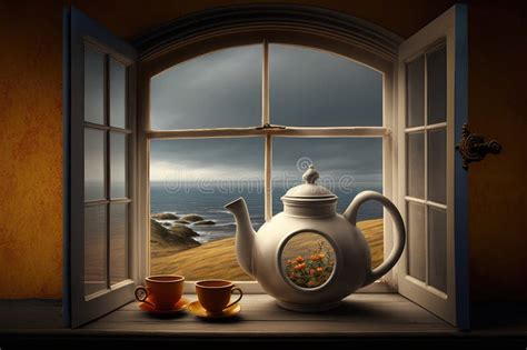 Teapot And Cup On Window Sill With View Of The Outside World Stock