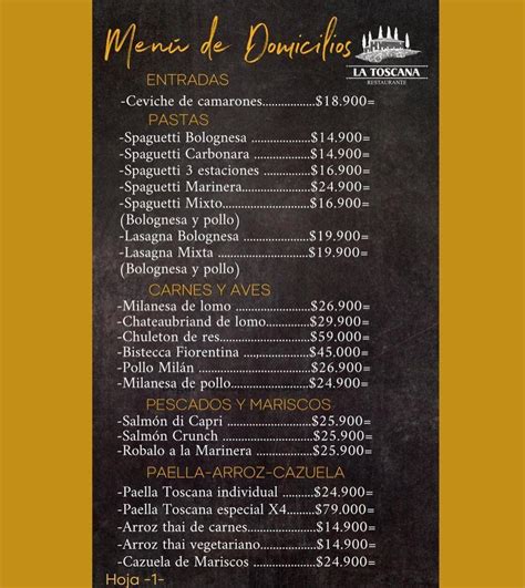 Menu At La Toscana Restaurante Bucaramanga