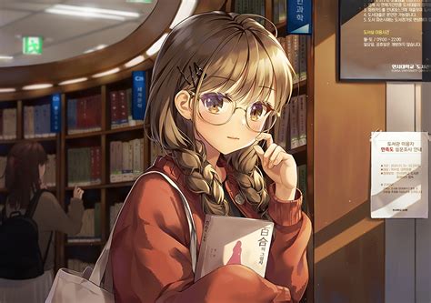 Anime Girls Ear Library Anime Glasses Brunette Brown Eyes Fruit