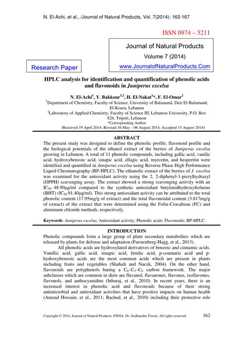 Pdf Hplc Analysis For Identification And Quantification Of Phenolic