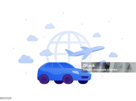 택시 공항 서비스 개념입니다 벡터 플랫 사람 그림입니다 구름과 하늘 풍경 배경에 파란색 택시 자동차 비행기와 행성 기호 배너