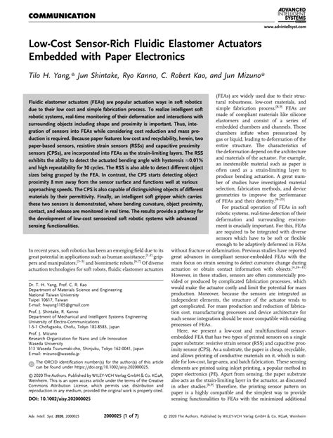 Pdf Low‐cost Sensor‐rich Fluidic Elastomer Actuators Embedded With Paper Electronics