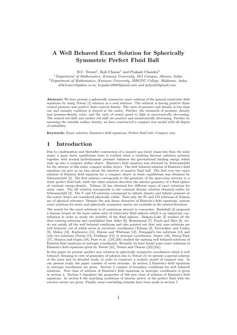 Pdf A Well Behaved Exact Solution For Spherically Symmetric Perfect