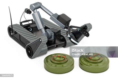 대전차 광산을 장착한 폭탄 처리 로봇 흰색 배경에서 격리된 3d 렌더링 광산에 대한 스톡 사진 및 기타 이미지 광산 로봇