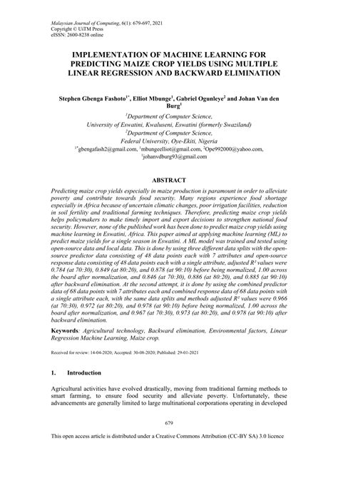 Pdf Implementation Of Machine Learning For Predicting Maize Crop Yields Using Multiple Linear