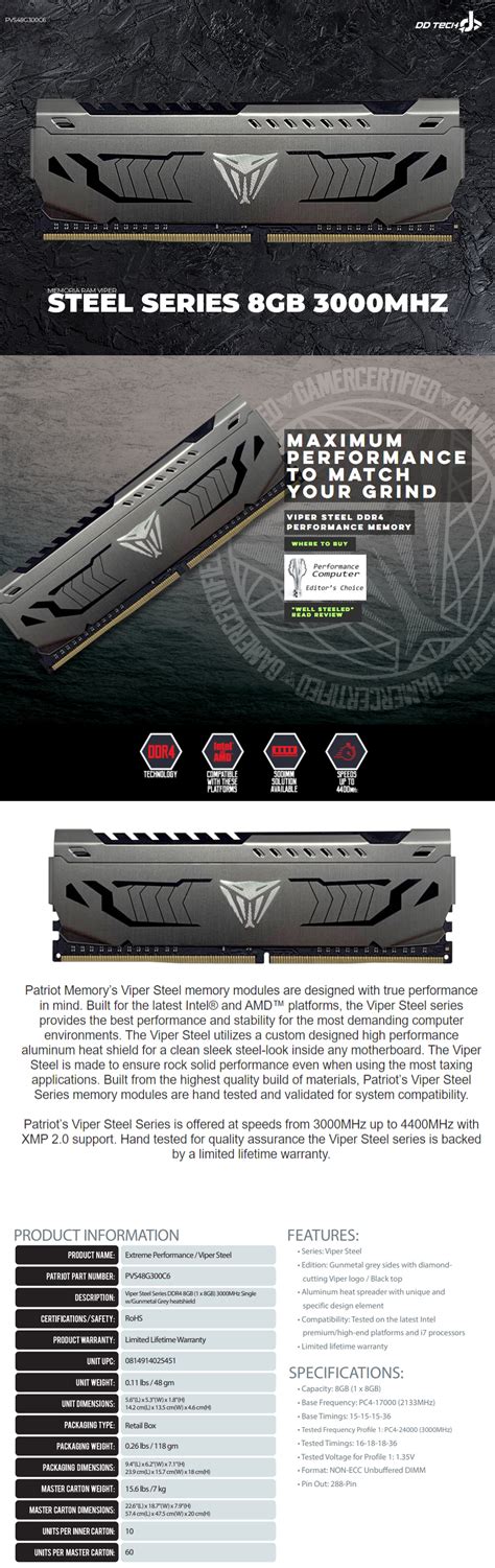 Memoria Ram Ddr4 8gb 3000mhz Patriot Viper Steel Pvs48g300c6 Dd Tech