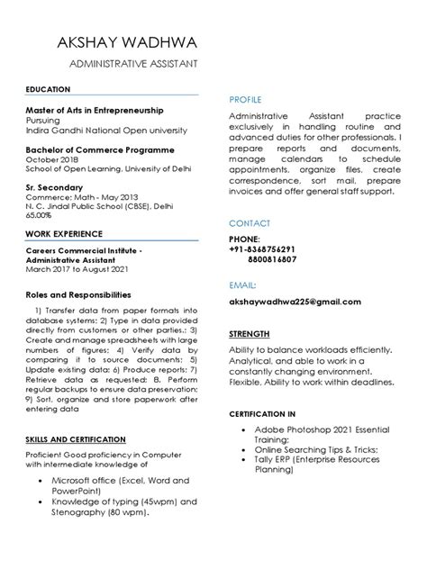akshay wadhwa administrative assistant pdf microsoft excel software