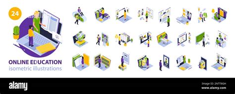 Isometric Set With Isolated Online School Learning Library Icons With