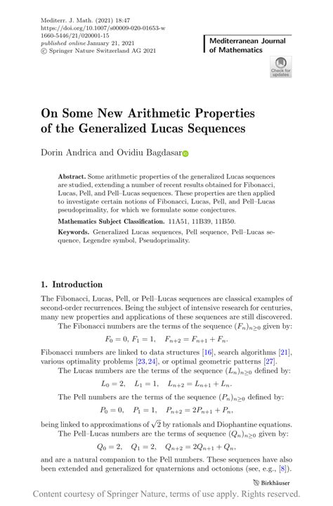 On Some New Arithmetic Properties Of The Generalized Lucas Sequences Request Pdf