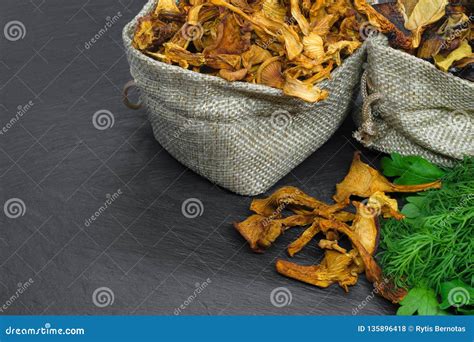 在与莳萝和荷兰芹笤帚的帆布袋子安置的干牛肝菌蕈类和黄蘑菇蘑菇的构成在黑石背景 库存照片 图片 包括有 构成 烹饪 135896418