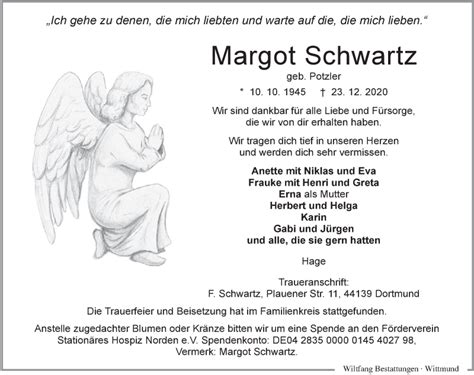 Traueranzeigen Von Margot Schwartz Nordwest Trauer De